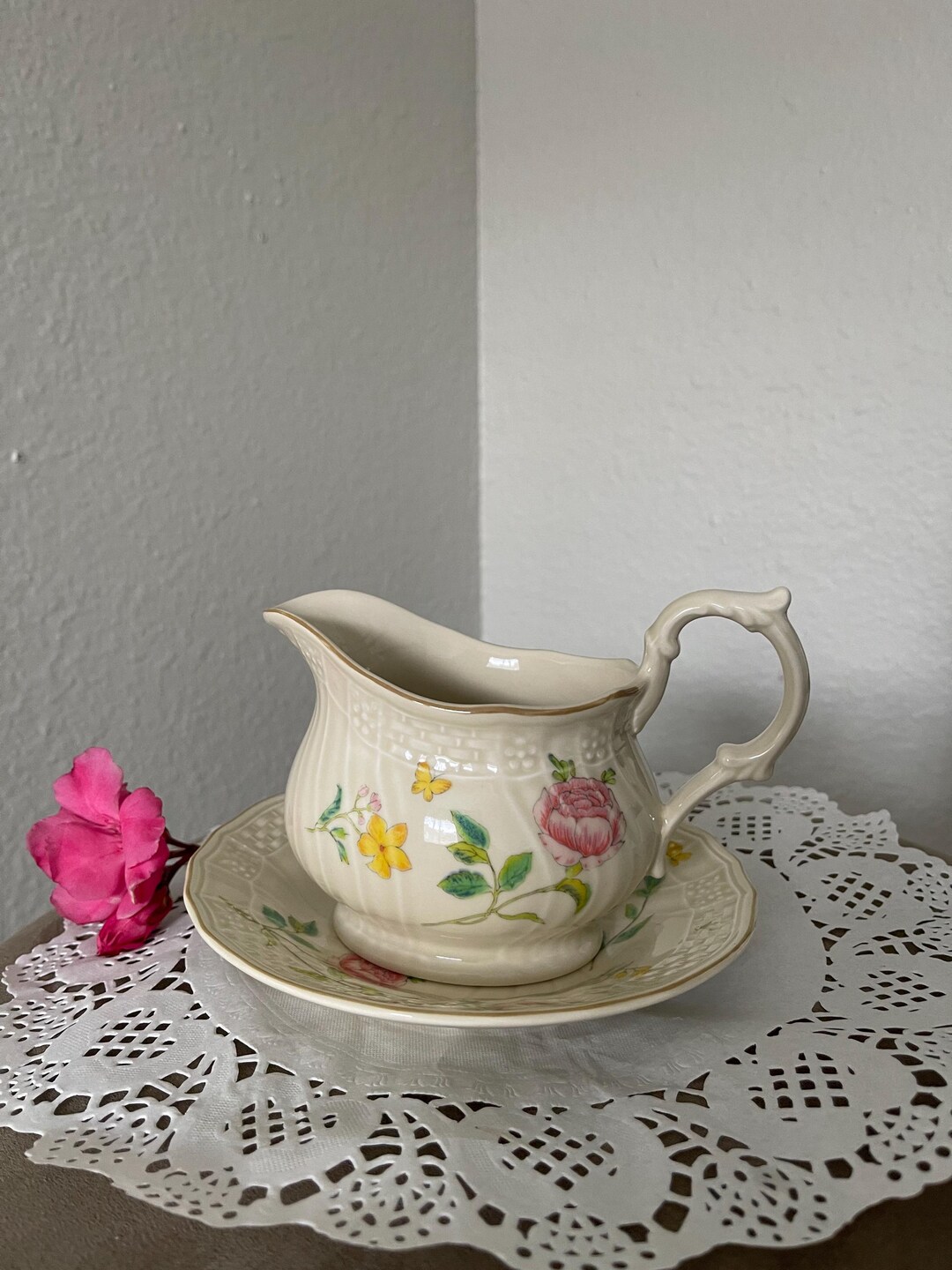Mikasa Fine Ivory Rose Bouquet - Creamer and Saucer Set - Vintage ...