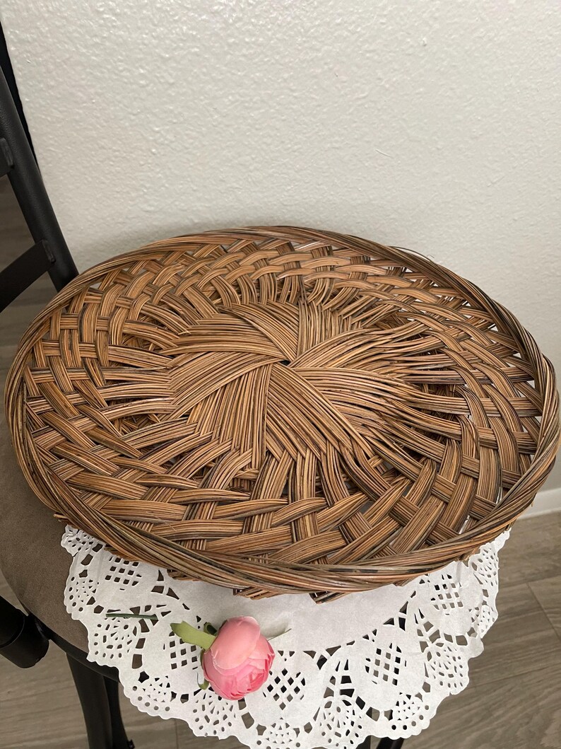 Vintage Boho Large Round Wicker Basket Flat Woven Plate Wall Hanging ...