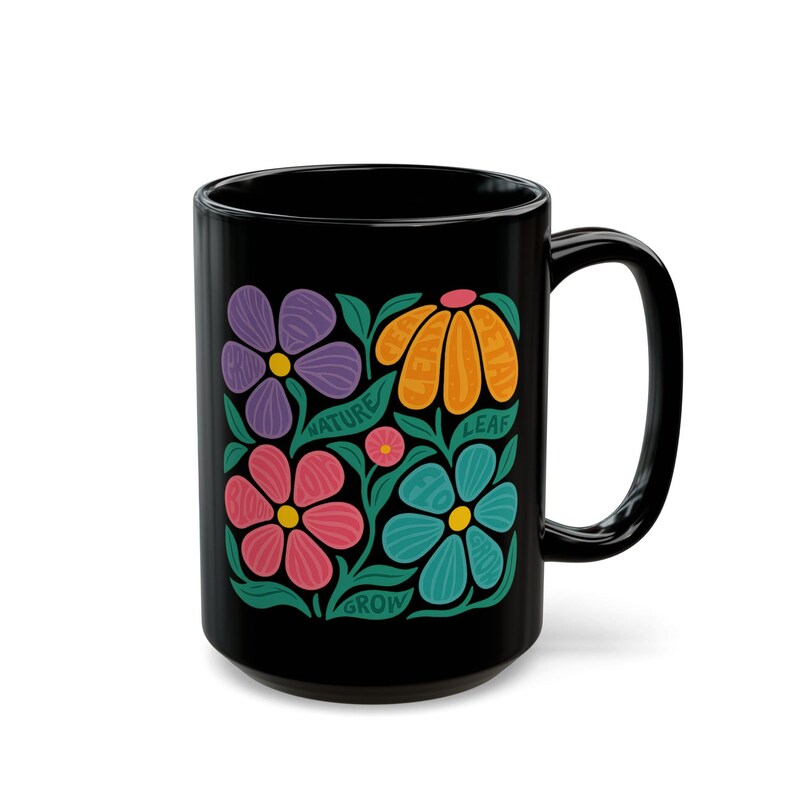 Floral Black Mug - Vibrant Nature Design for Coffee Lovers, Gift for ...