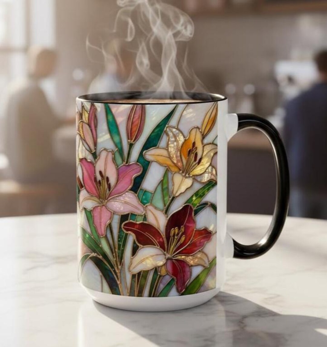 Stained Glass Lily Floral Accent Mug | 11oz or 15oz - Etsy