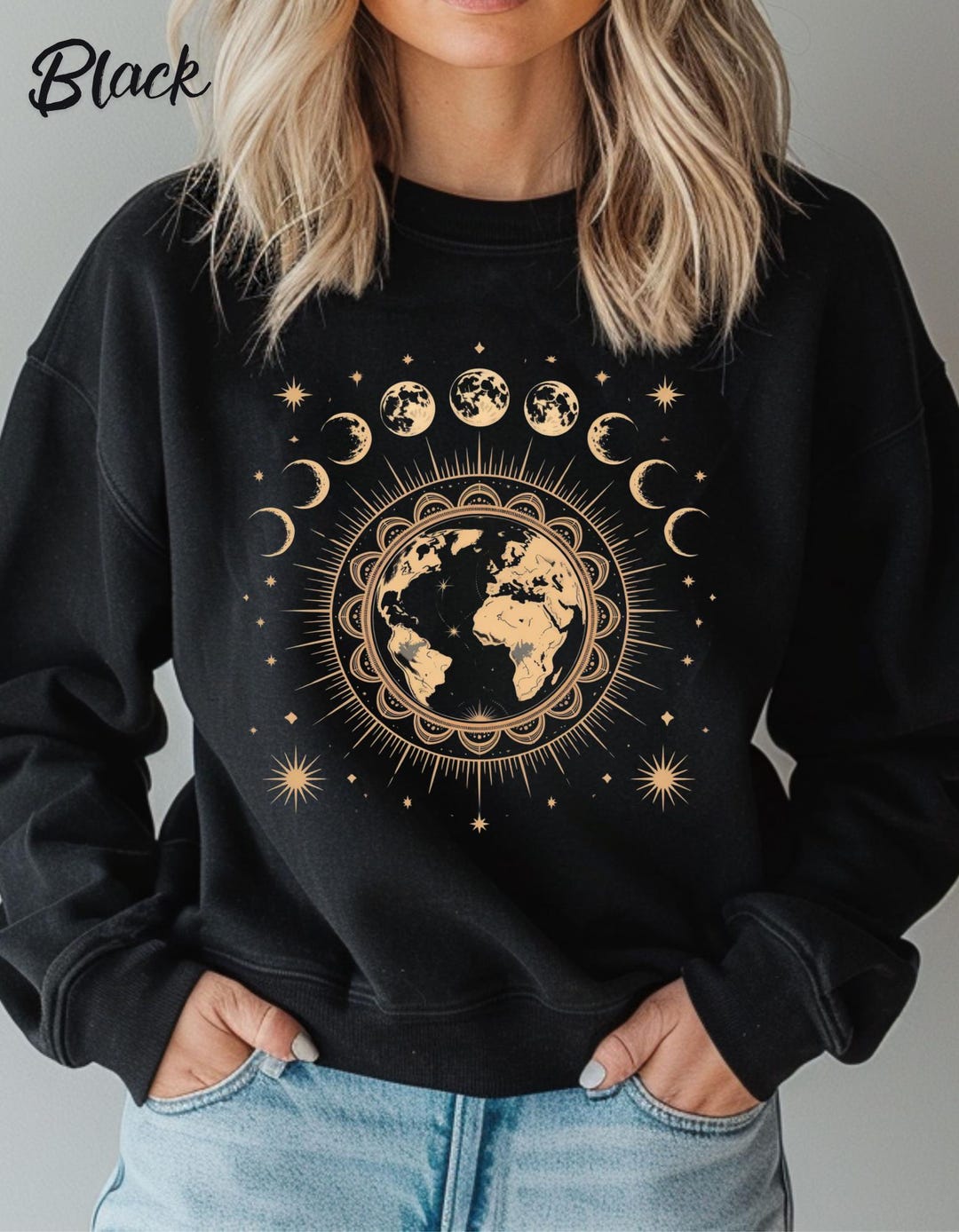 Earth & Moon Phase Fleece Crewneck Sweatshirt: Unisex Astrology Apparel ...