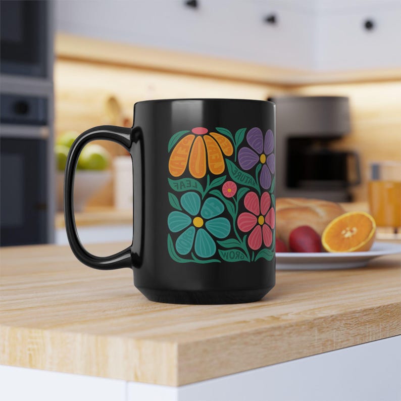 Floral Black Mug - Vibrant Nature Design for Coffee Lovers, Gift for ...