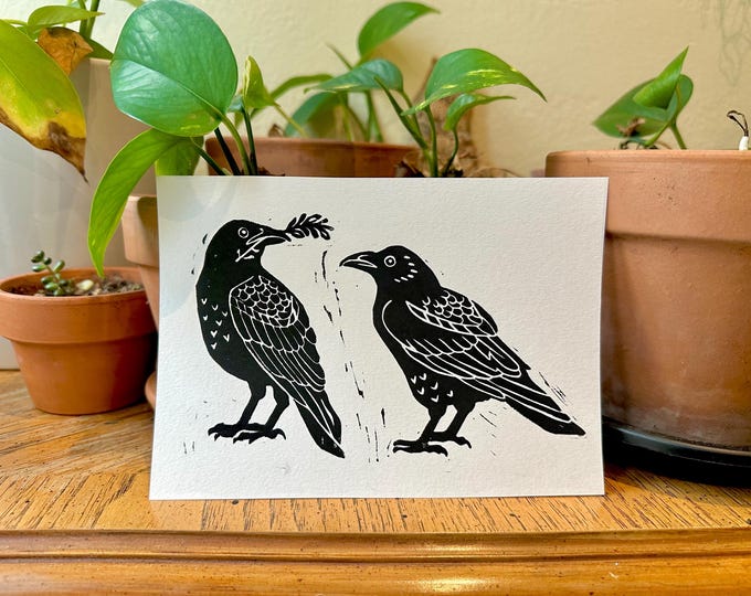 Birds- Linocut Original Print 5x7" - Etsy