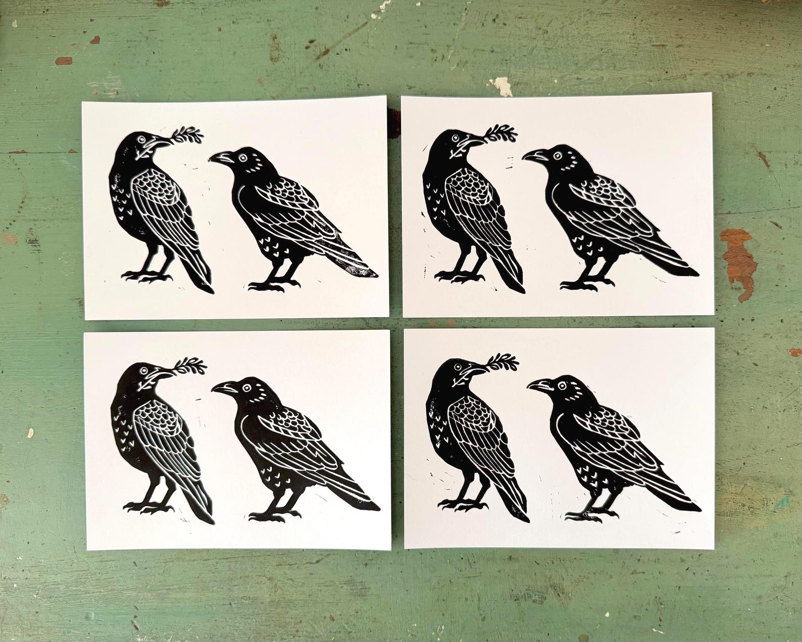 Birds- Linocut Original Print 5x7