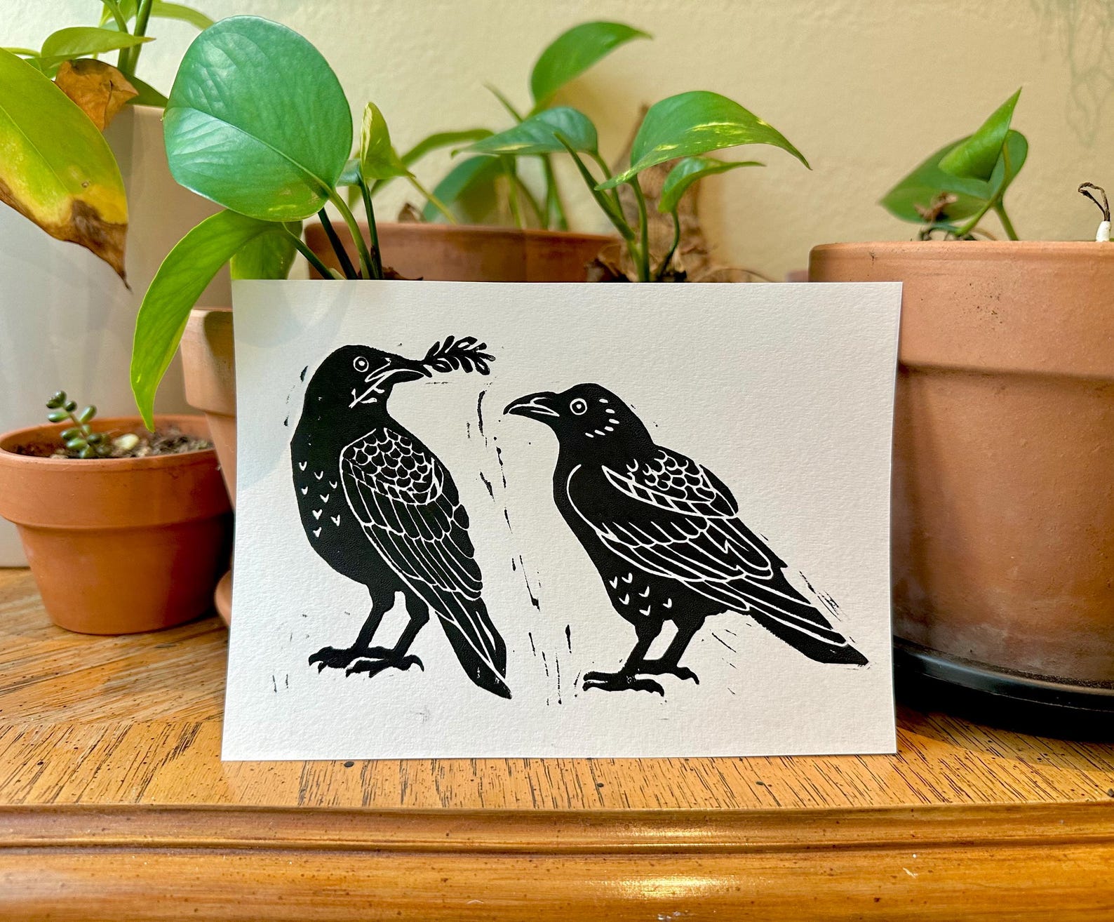 Birds- Linocut Original Print 5x7