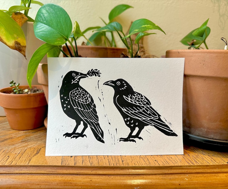 Birds- Linocut Original Print 5x7" - Etsy