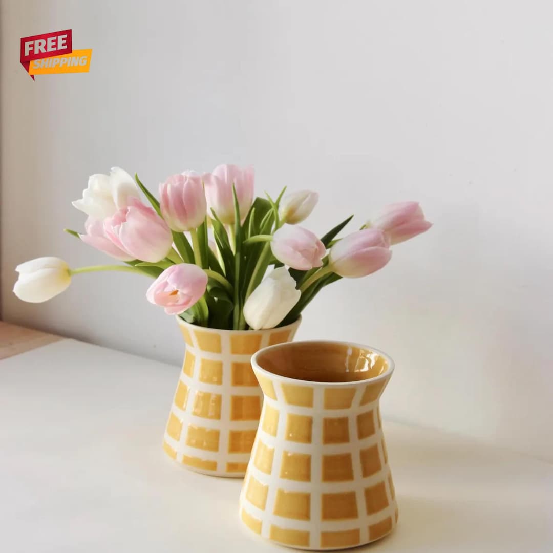 Checkered Vase, Retro Modern, Yellow Vase, Mid-century Modern, Flower ...