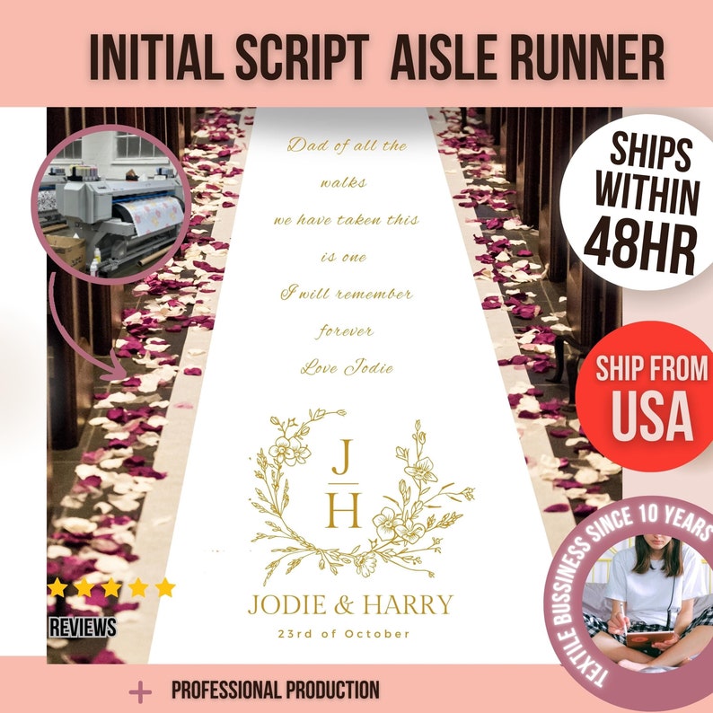 Custom Initial Script Personalized Aisle Runner - Wedding Aisle Runner ...