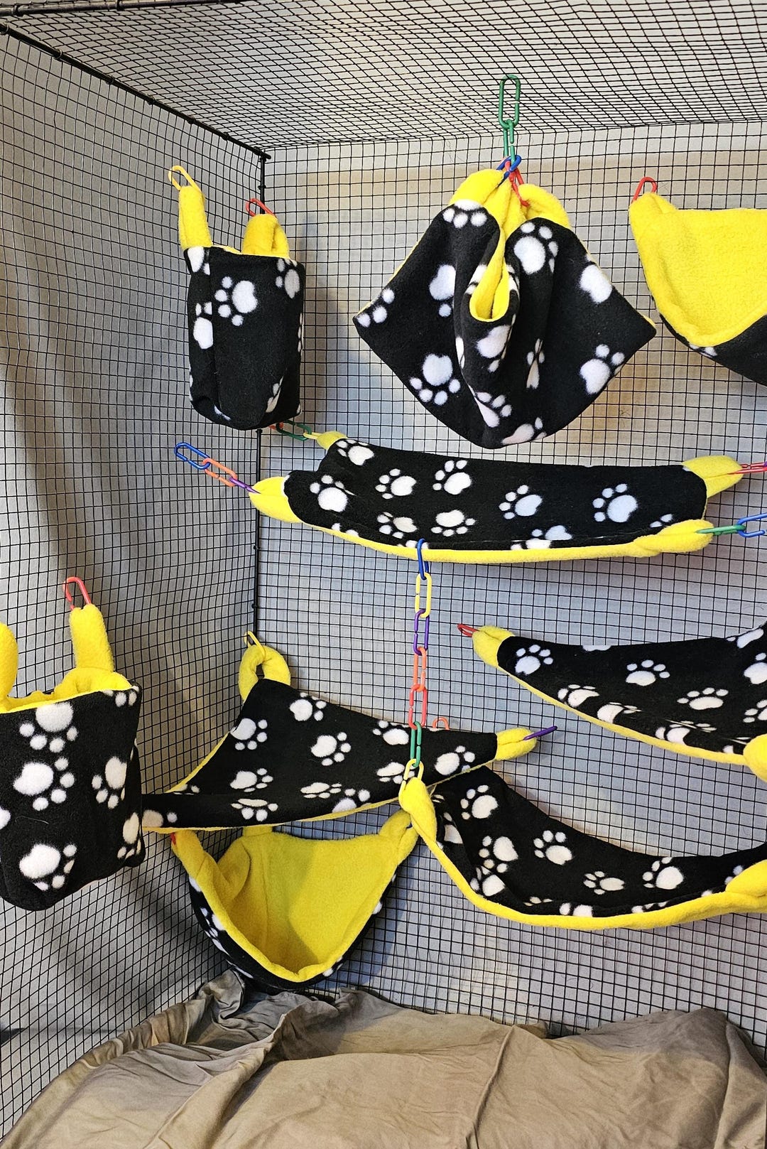 Yellow Paw Print Print Fleece Cage Pouch Set: Sugar Glider, Flying ...