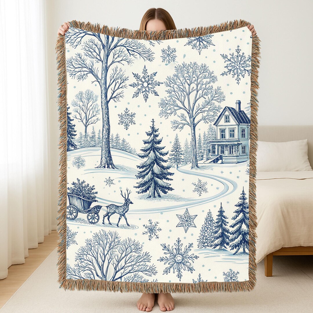 French Toile Winter Wonderland Woven Blanket, Woven Christmas Blanket ...