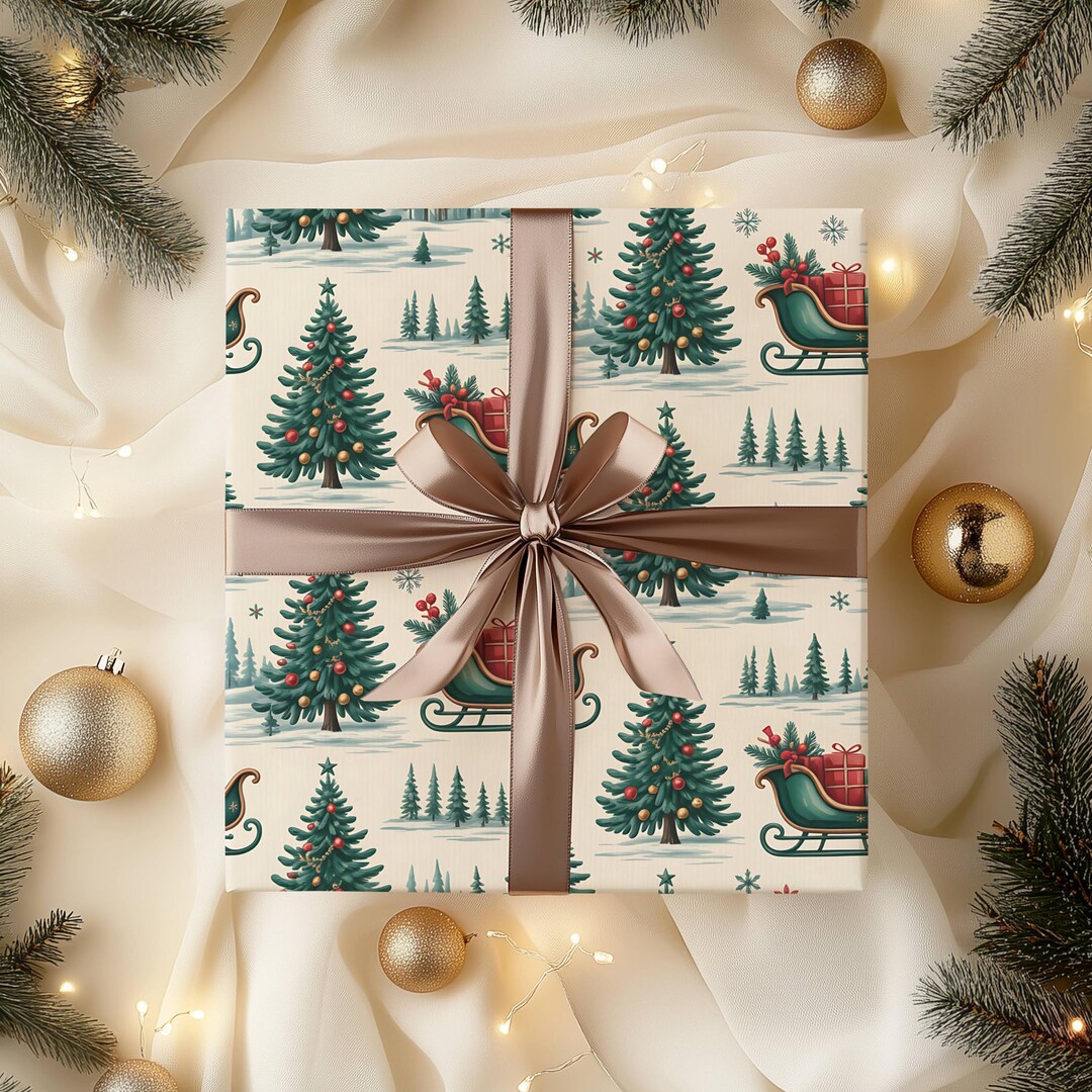 Christmas Toile Gift Wrap Paper, Christmas Wrapping Paper, Nostalgic ...