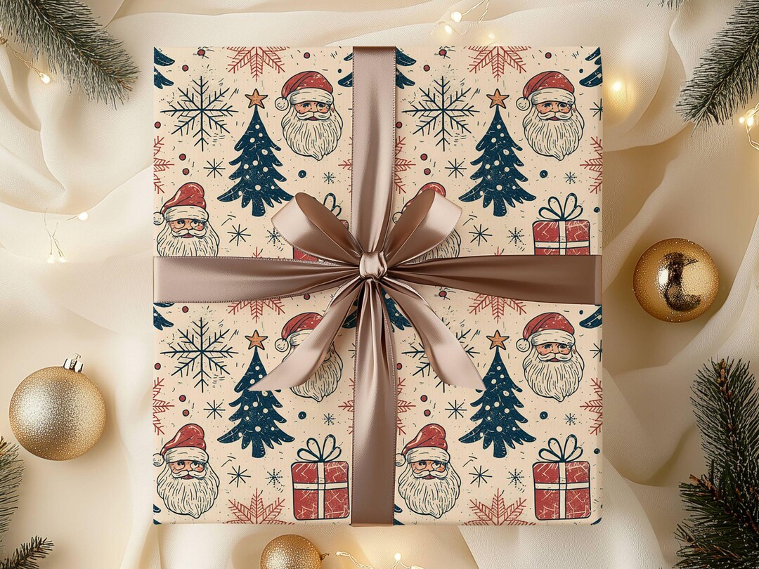 Vintage Santa Gift Wrap Paper, Christmas Wrapping Paper, Nostalgic ...