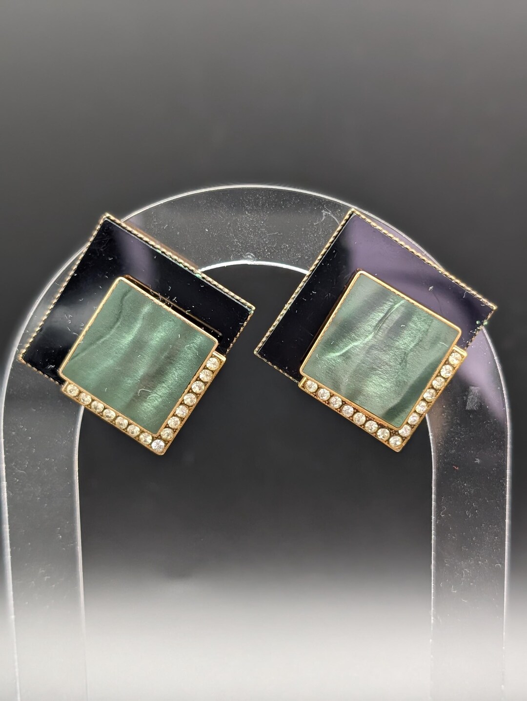 Vintage Ermani Bulatti Clip Earrings 1980s Art Deco Revival Green Black ...