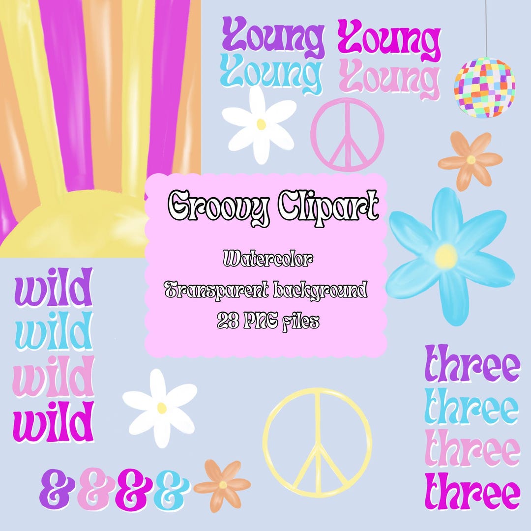 Groovy 70s Theme Watercolor Clipart // 23 PNG Transparent Background ...