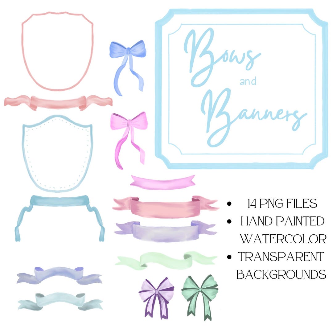 Bow and Banner // Ribbons Banner Watercolor Clipart // 14 PNG ...