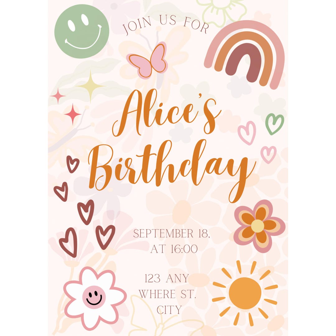 Groovy Hippy Themed Invitation Template, Party Invite, Birthday Invite ...