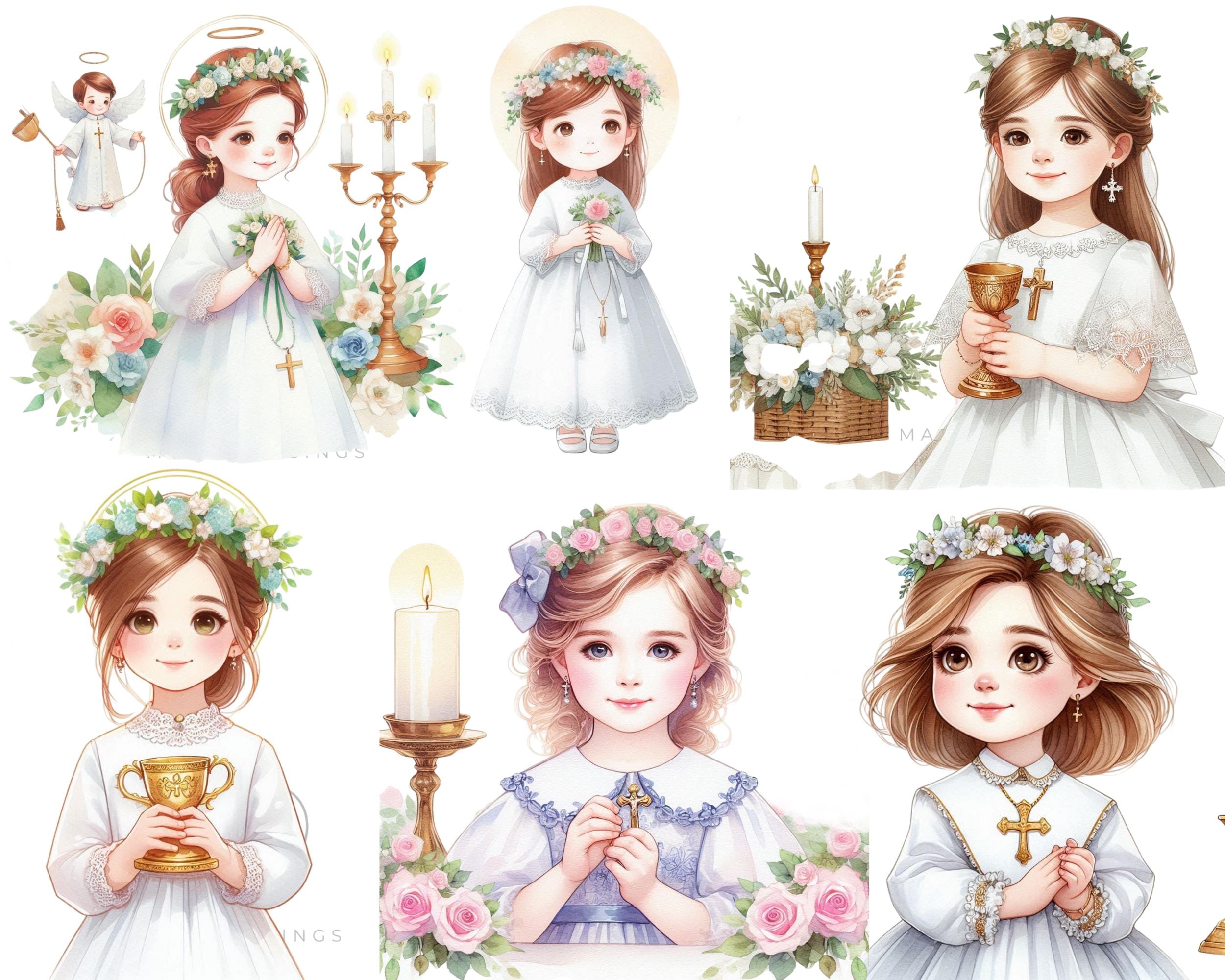 First Communion Girl Clip Art - Watercolor Illustrations of a Girl ...