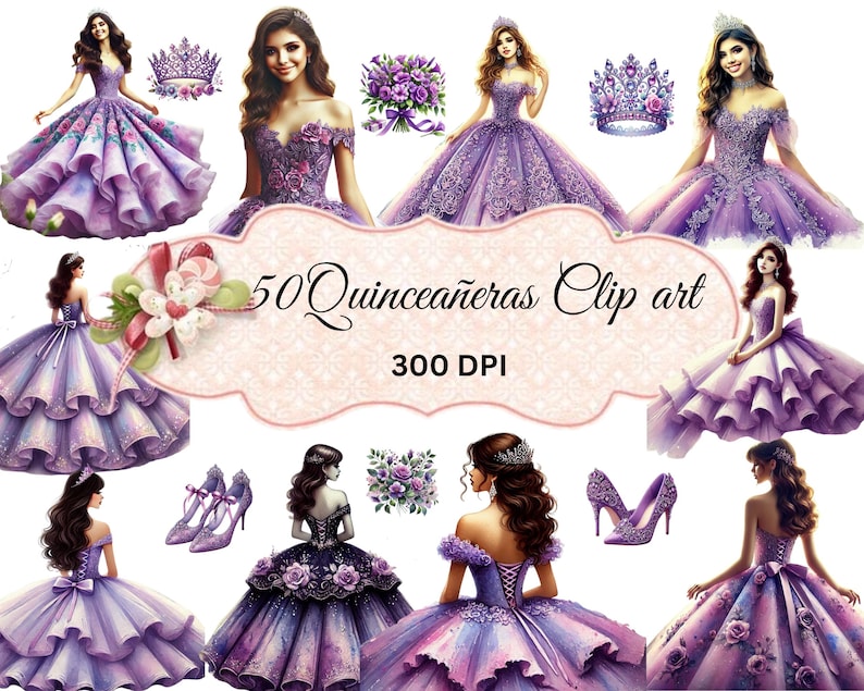 50 Quinceanera Princesses, Flowers and Crowns, Violet Dress Clipart Png ...