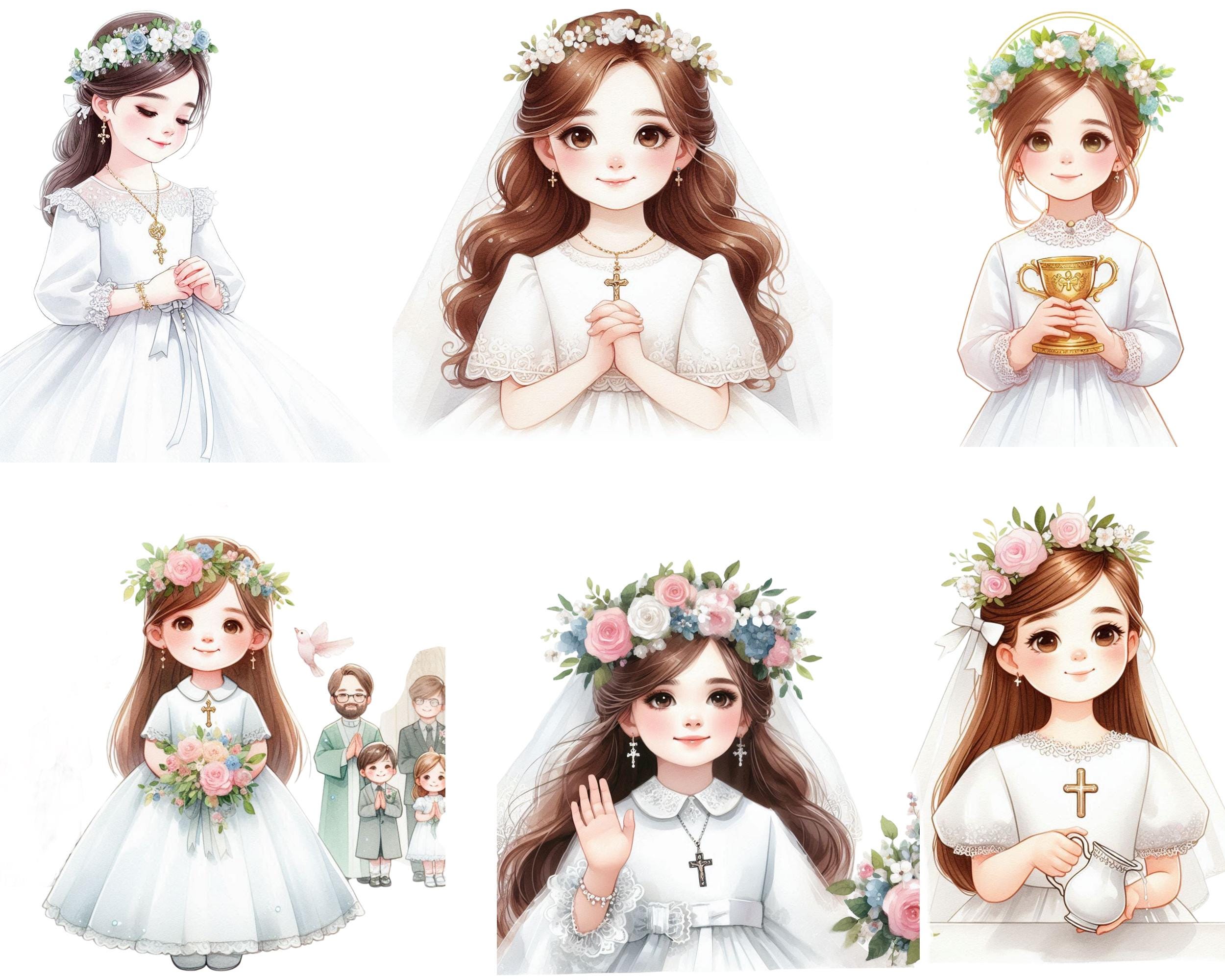 First Communion Girl Clip Art - Watercolor Illustrations of a Girl ...