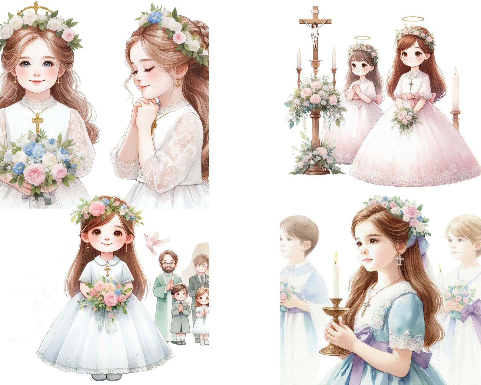 First Communion Girl Clip Art - Watercolor Illustrations of a Girl ...