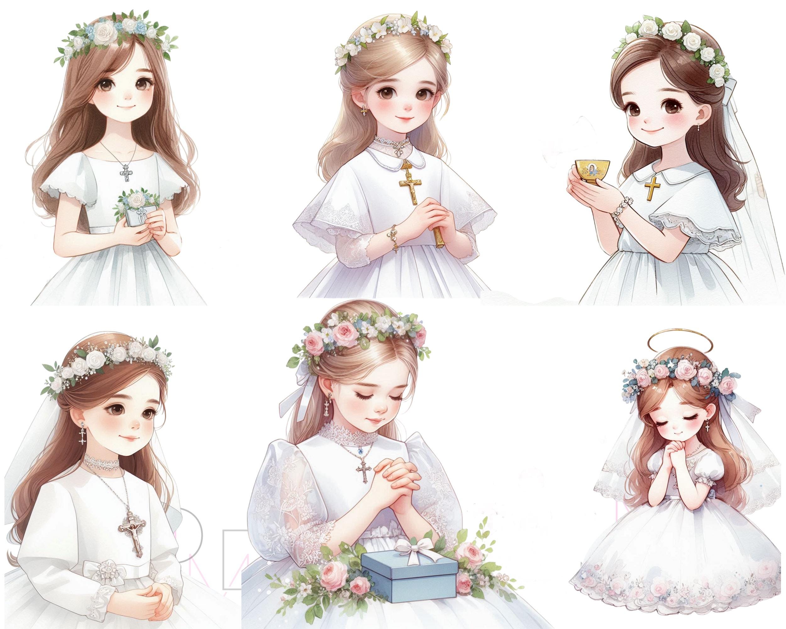 First Communion Girl Clip Art - Watercolor Illustrations of a Girl ...