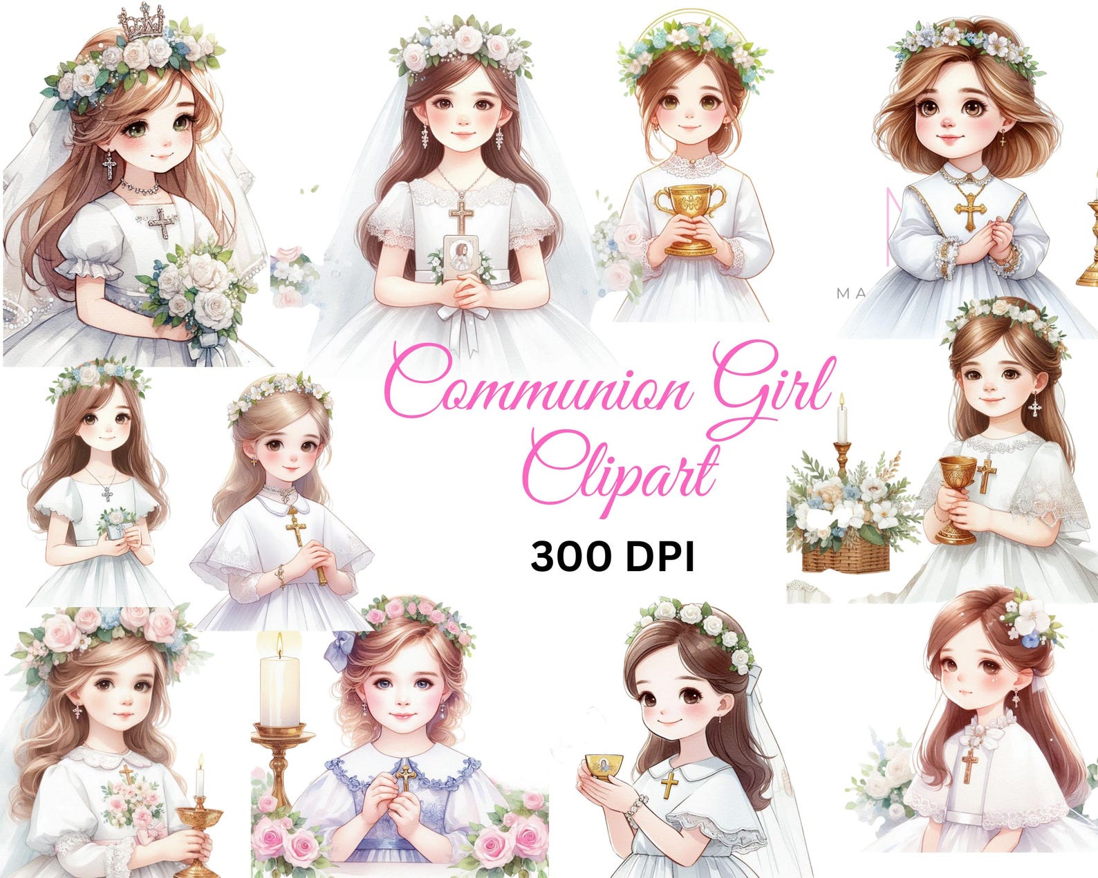 First Communion Girl Clip Art - Watercolor Illustrations of a Girl ...