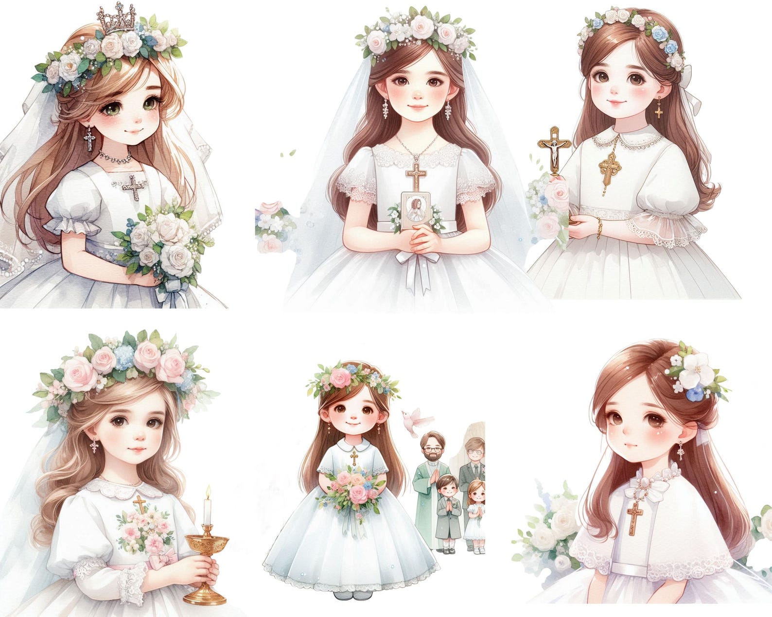 First Communion Girl Clip Art - Watercolor Illustrations of a Girl ...