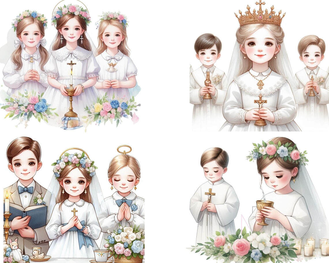 First Communion Girl Clip Art - Watercolor Illustrations of a Girl ...
