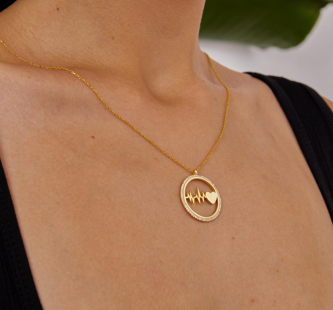 14K Gold Stone Heart Rhythm Necklace, Gold Stone Heart Jewelry ...