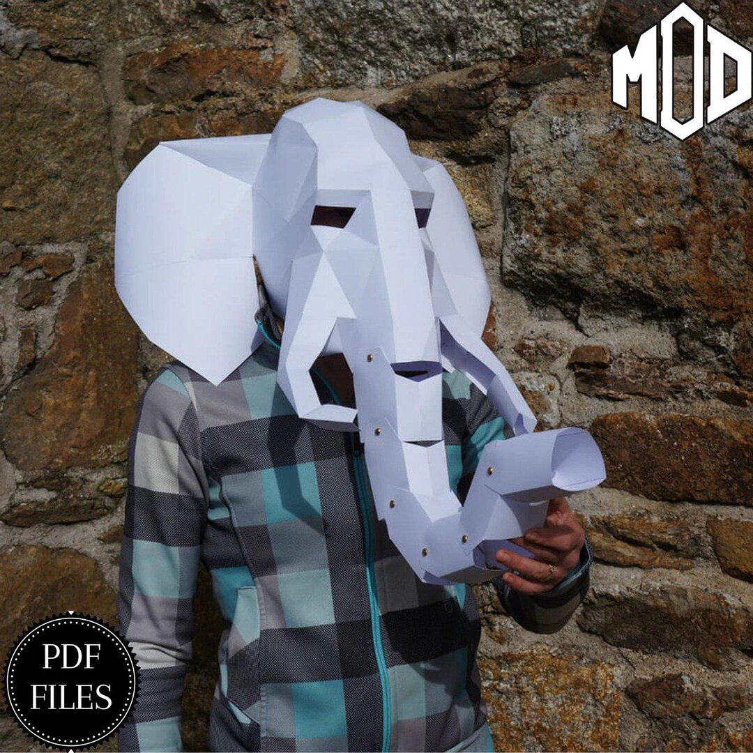 Elephant Mask 3D Papercraft Template PDF | Unique Low Poly Animal Mask ...