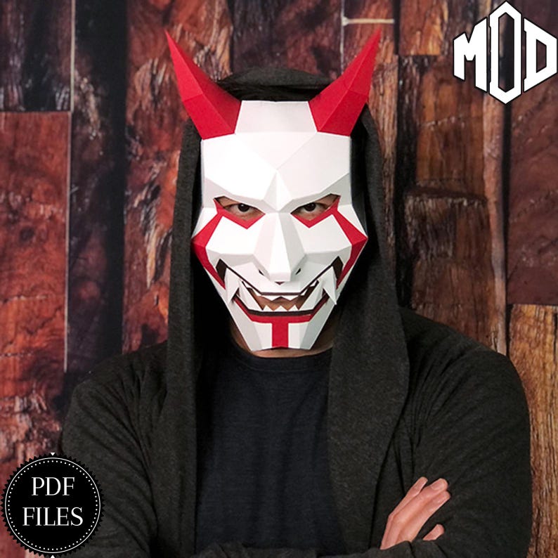 Oni Mask Papercraft Template - Low Poly Demon Mask PDF Pattern | DIY ...