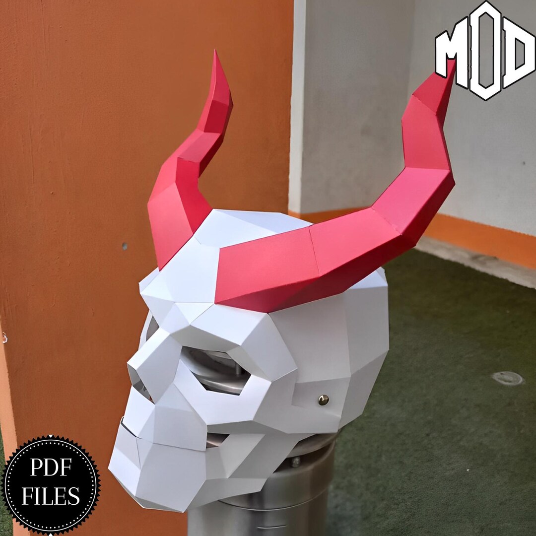 Skull Mask Template | 3D Low Poly Horned Skull Papercraft Mask | DIY ...