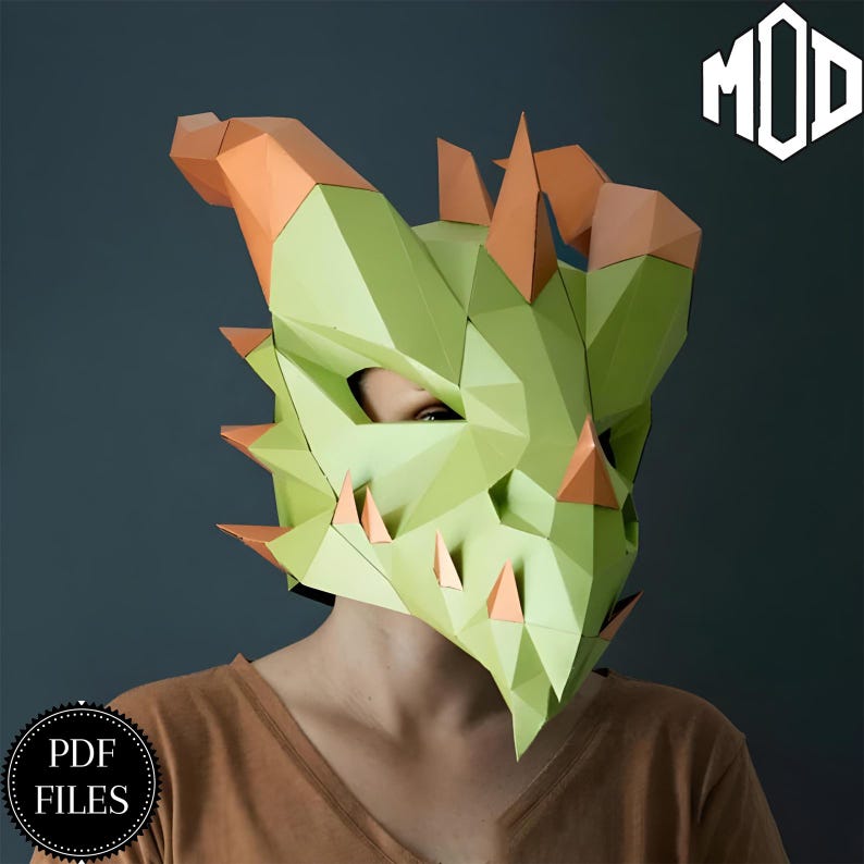 Dragon Mask Papercraft - 3D Low Poly Mask Template, DIY Halloween Mask ...
