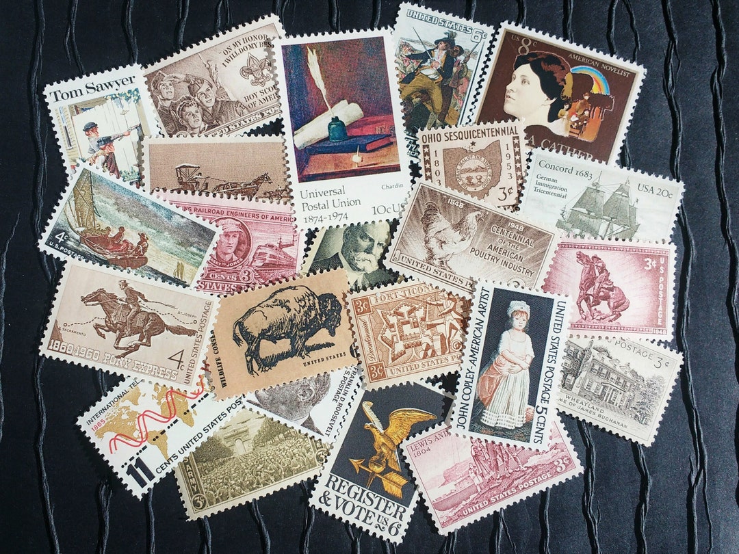50 US Vintage Postage Stamps .. Shades of SEPIA .. Curated Collection ...