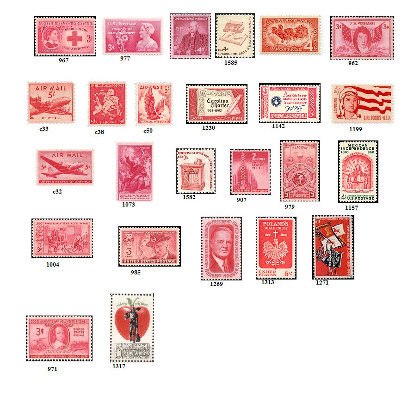 20 US Vintage Postage Stamps .. Shades of RED .. Curated Collection ...