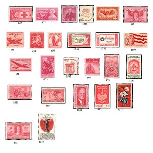 20 US Vintage Postage Stamps .. Shades of RED .. Curated Collection ...