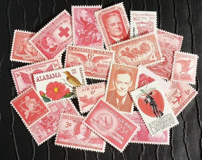 20 US Vintage Postage Stamps .. Shades of RED .. Curated Collection ...