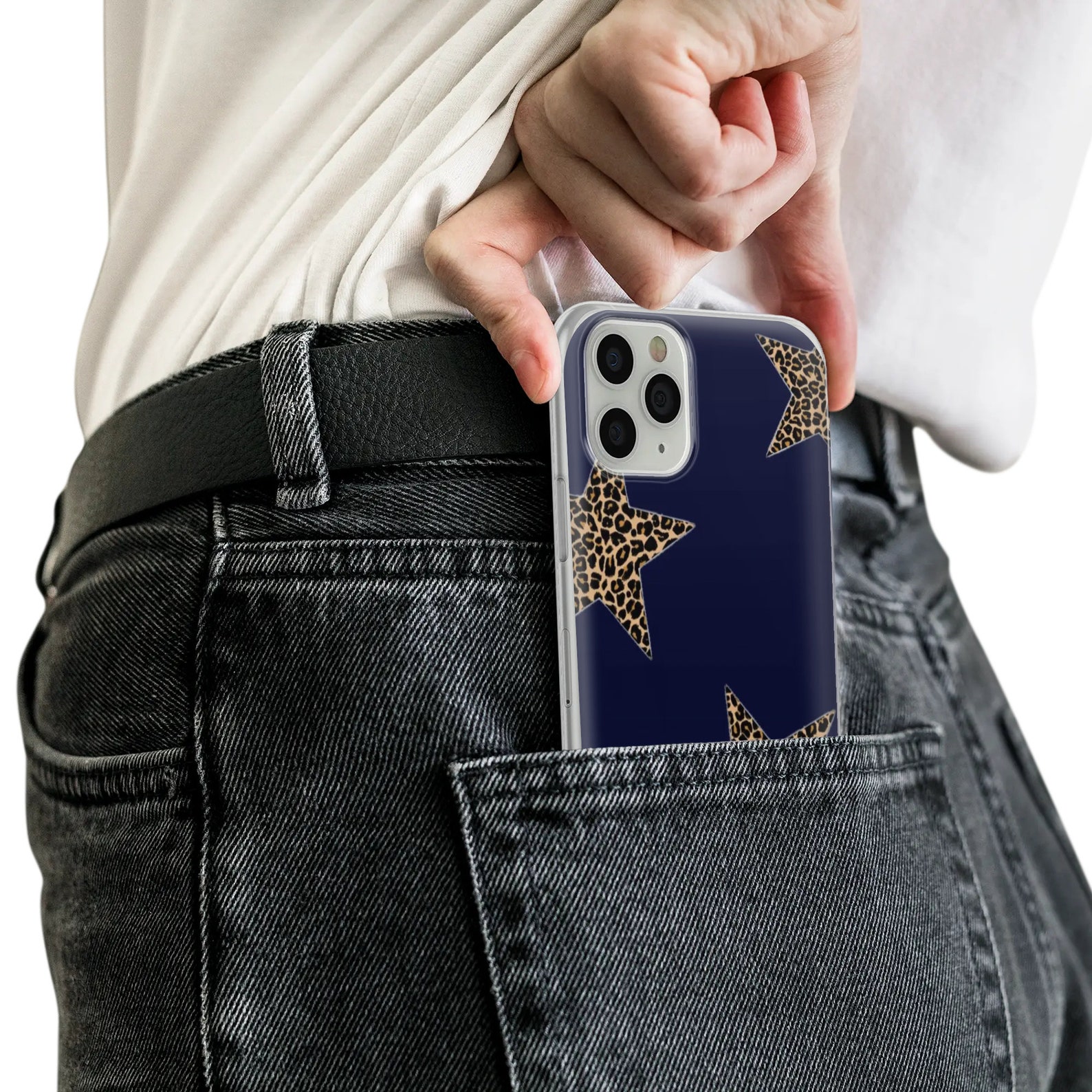Navy Blue Cheetah Phone Case Stars Leopard Trendy Cover for iPhone 16 ...