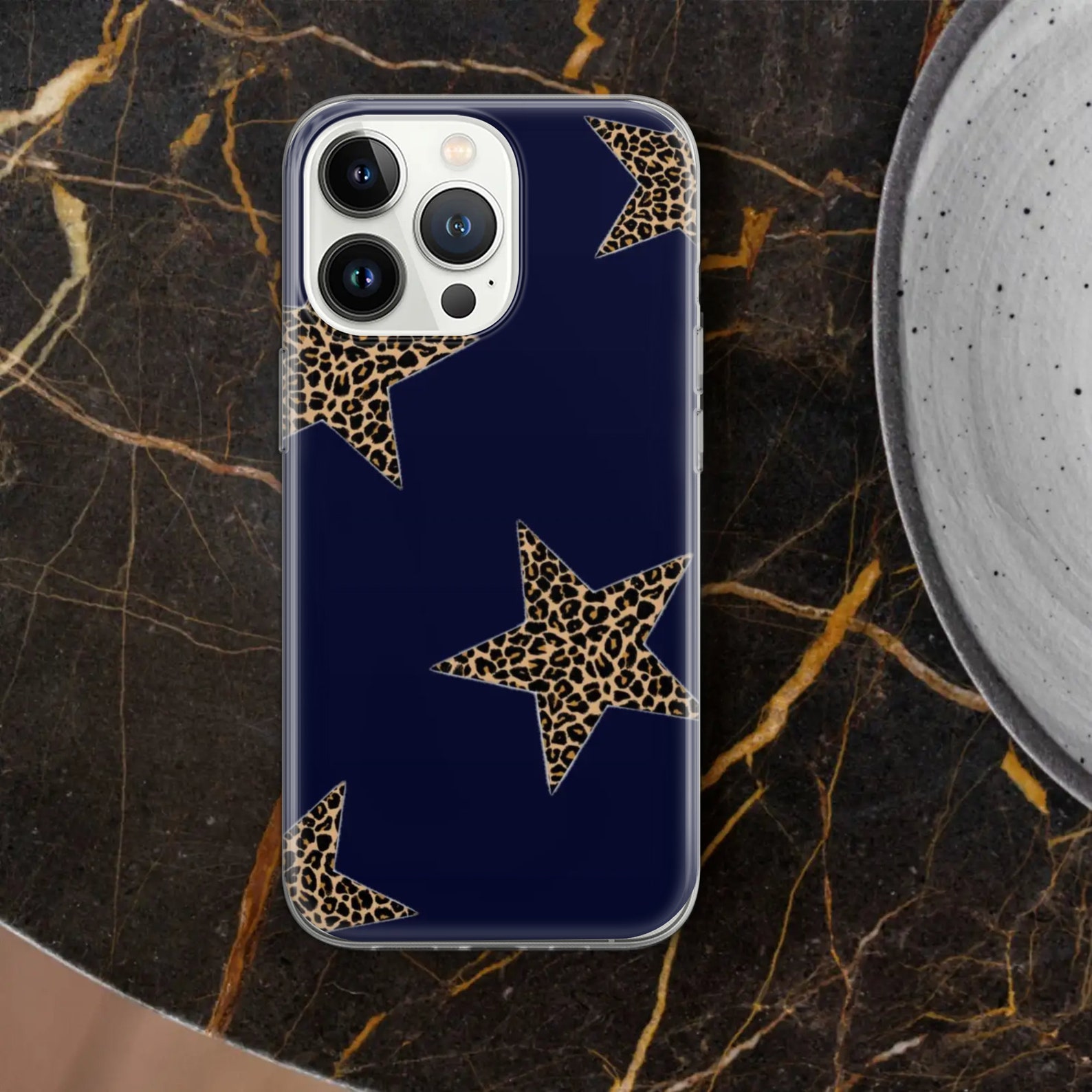 Navy Blue Cheetah Phone Case Stars Leopard Trendy Cover for iPhone 16 ...