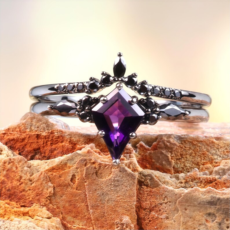 Kite-shaped Natural Amethyst Engagement Ring Set Wedding Ring Bridal ...