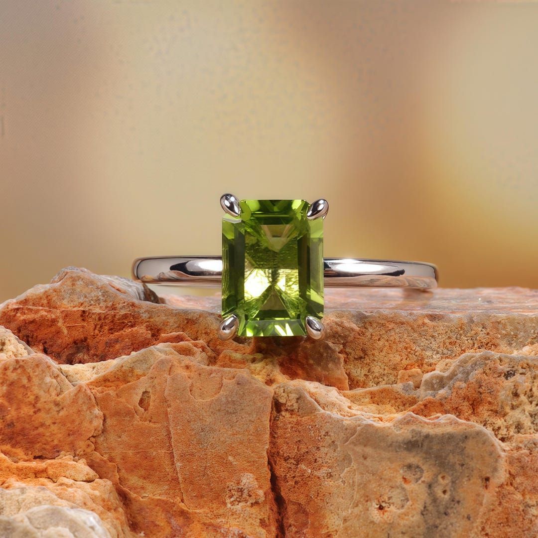 Emerald-shaped Natural Peridot Engagement Ring Wedding Ring Bridal Ring ...