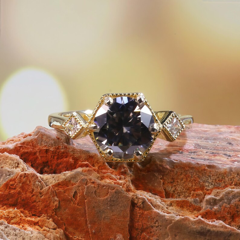 Round-shaped Gray Moissanite Engagement Ring Wedding Ring Bridal Ring ...