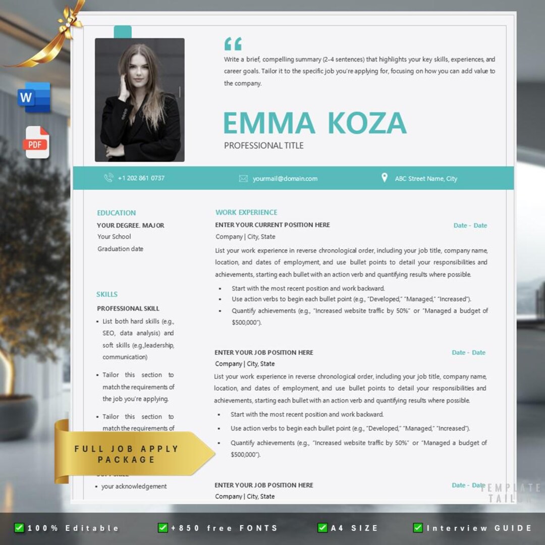 Custom Resume Template 08 | Easy-to-edit CV for Job Hunters - Etsy