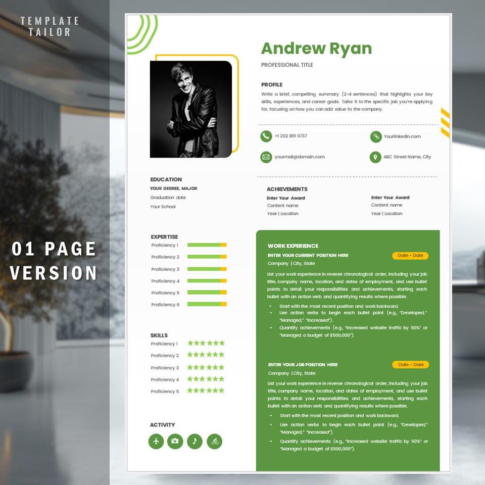 Editable Modern Resume 18 | Stylish CV Template | Word & Google Docs - Etsy