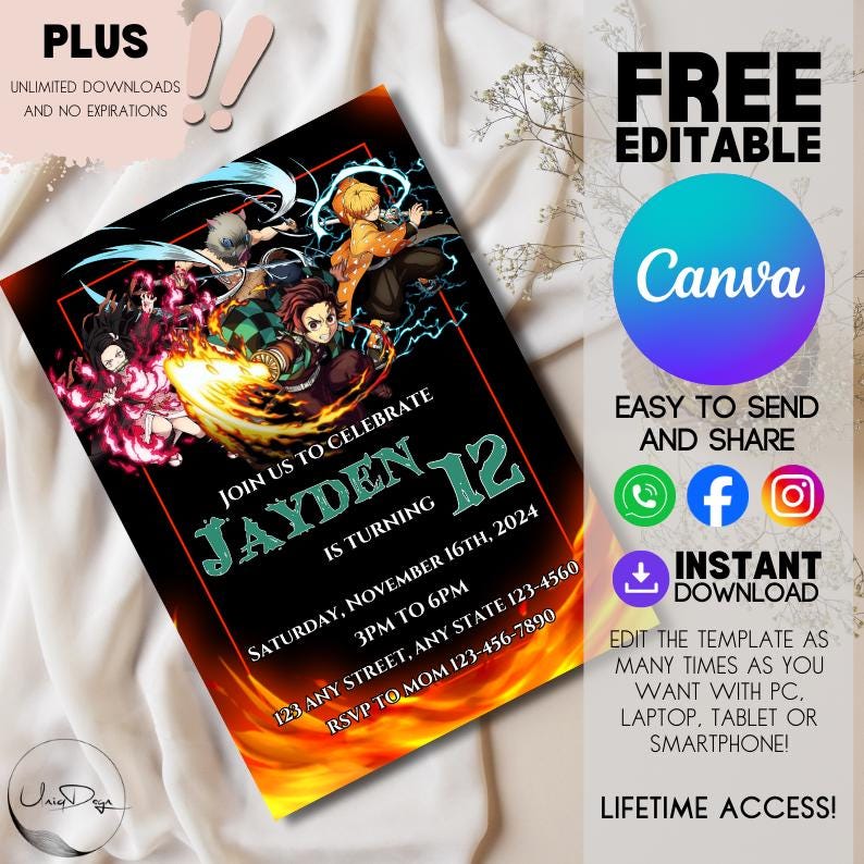 Demon Slayer Birthday Invitation Template | Anime Kids Party (printable ...