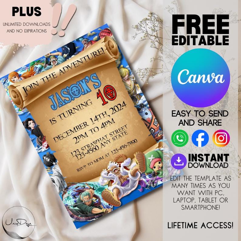 One Piece Birthday Digital Invitation Template: Anime Kids Party ...