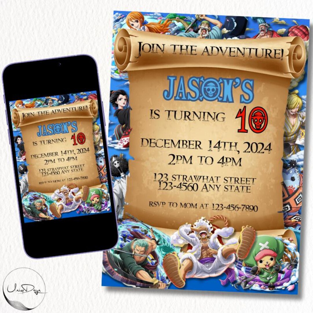 One Piece Birthday Digital Invitation Template: Anime Kids Party ...