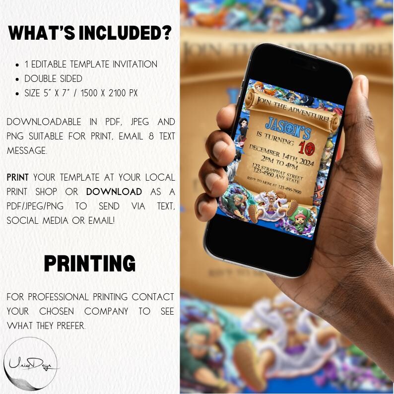 One Piece Birthday Digital Invitation Template: Anime Kids Party ...