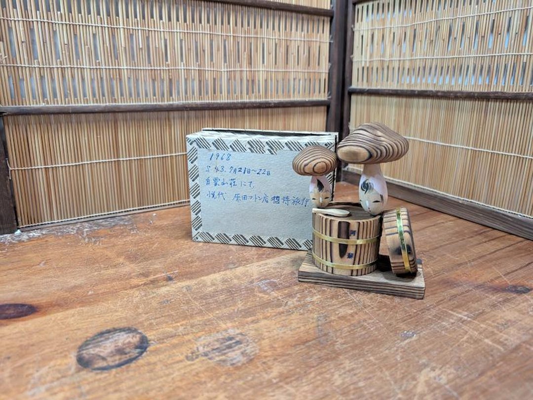 1968 Mushroom Kokeshi Doll Signed Boxed Showa Era Handmade Wood Art