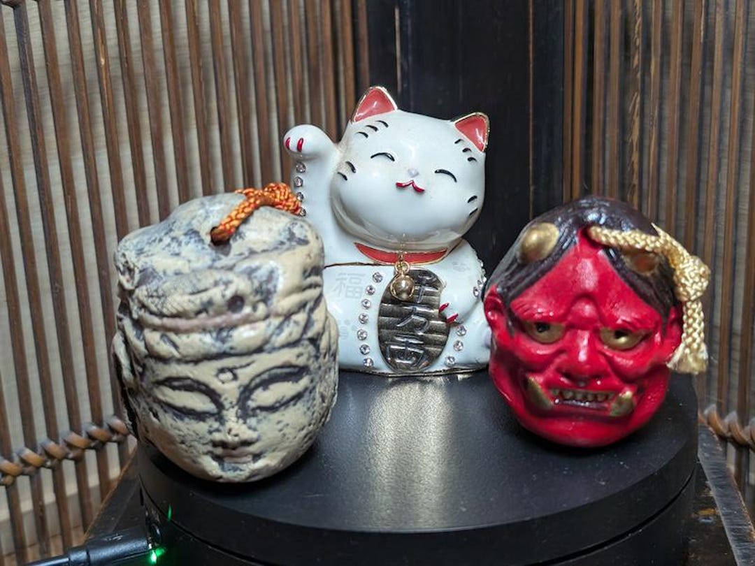 Vintage Japanese Lucky Charm Set – Maneki Neko Cat Box + Devil & Buddha ...
